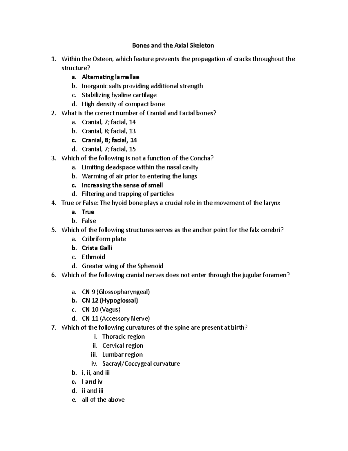Sample/practice exam 2020, questions and answers - Bones and the Axial ...