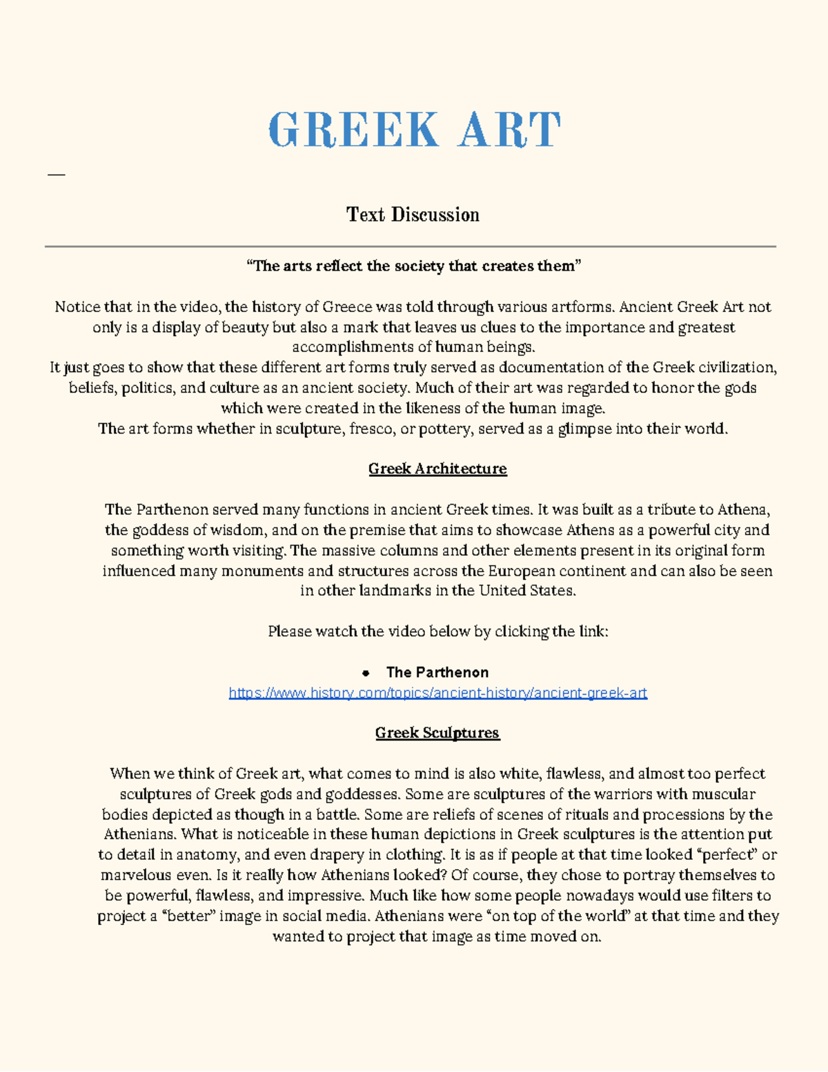 Greek ART - Text Discussion - GREEK ART ___ Text Discussion