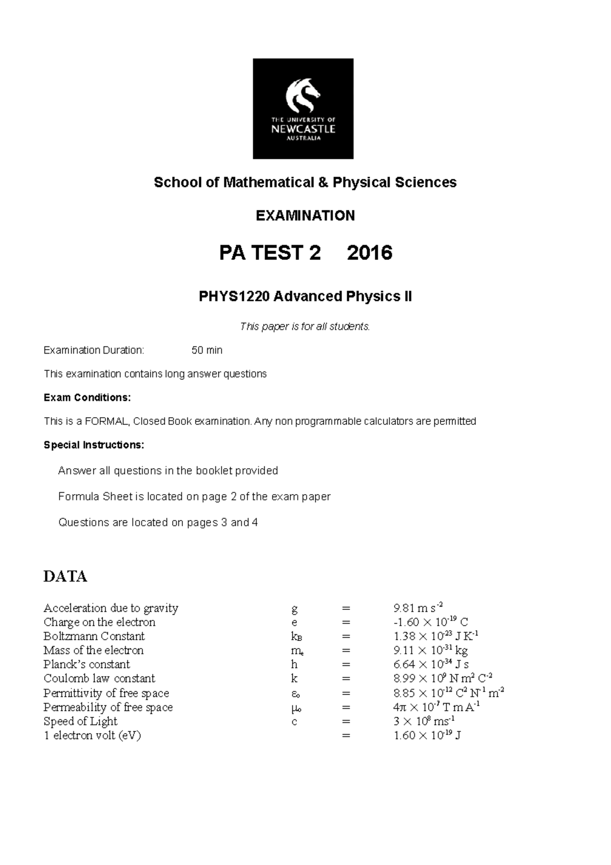 PHYS1220 PA TEST 2 2016 - School of Mathematical & Physical Sciences ...