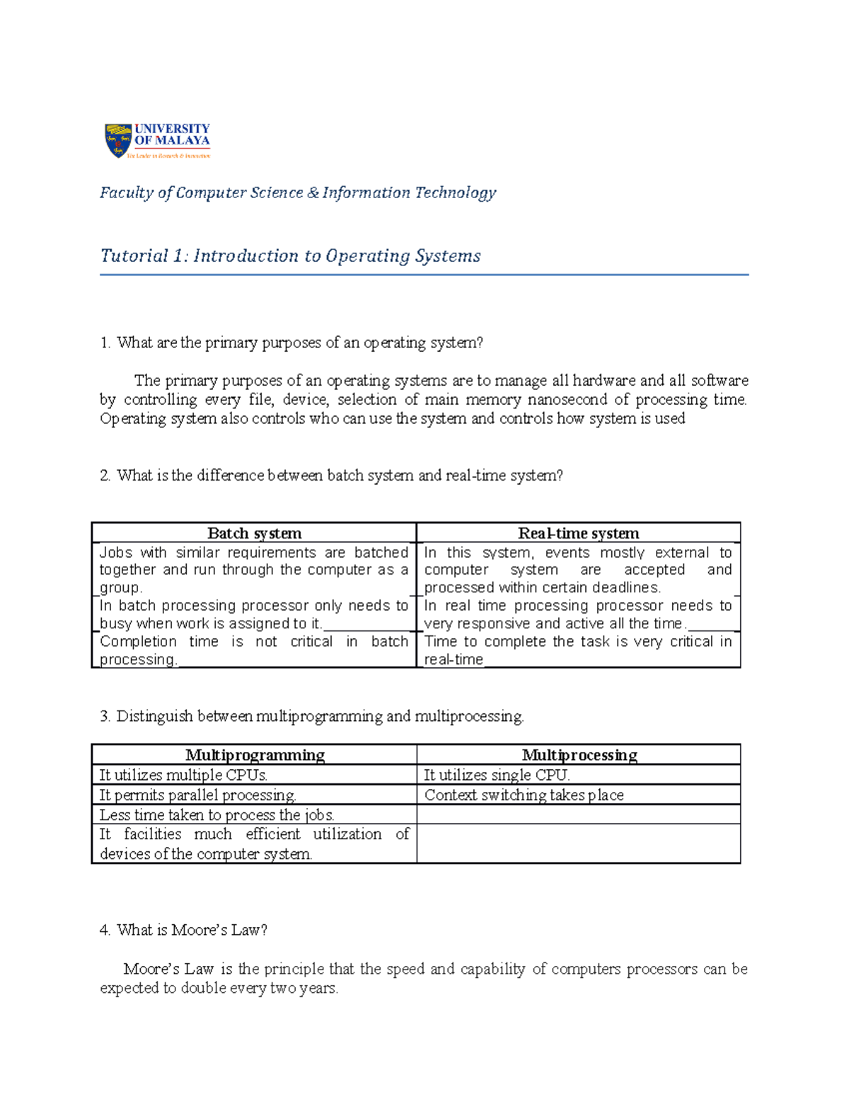 Tutorial 1 OS ans - Faculty of Computer Science & Information ...