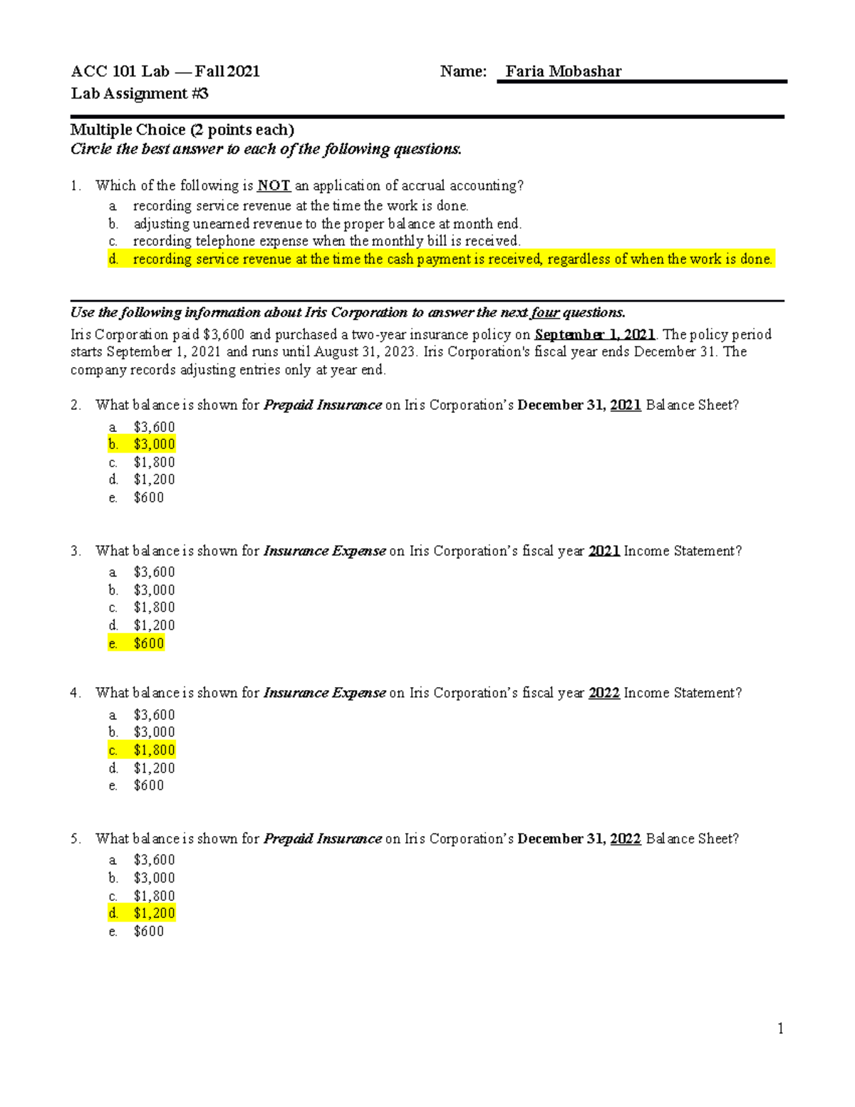 Lab 3 fall 2021 (solved) - ACC 101 Lab — Fall 2021 Name: Faria Mobashar Lab Assignment Multiple ...