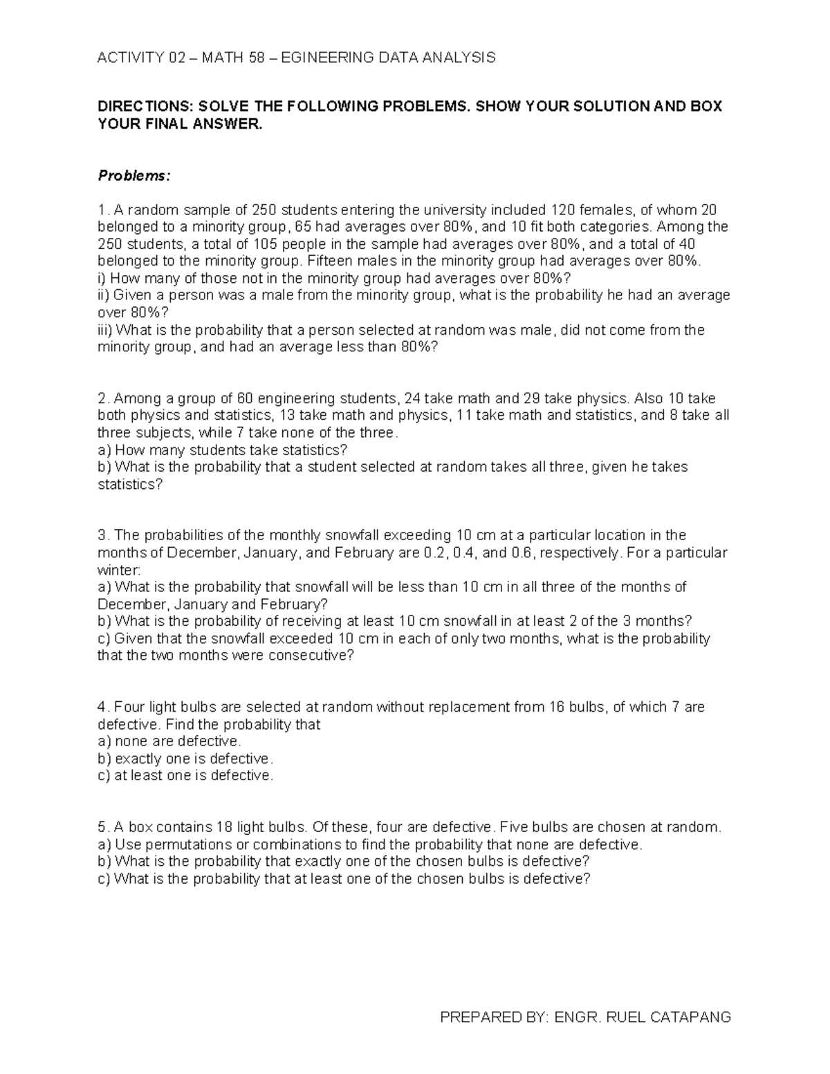 QUIZ 02 MATH 58 Engineering DATA Analysis - ACTIVITY 02 – MATH 58 ...