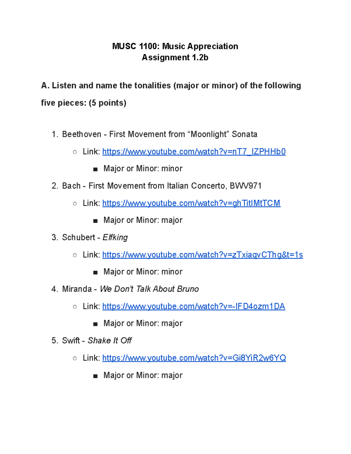 1 - ....notes - MUSC 1100: Music Appreciation Assignment 1 A. Listen ...