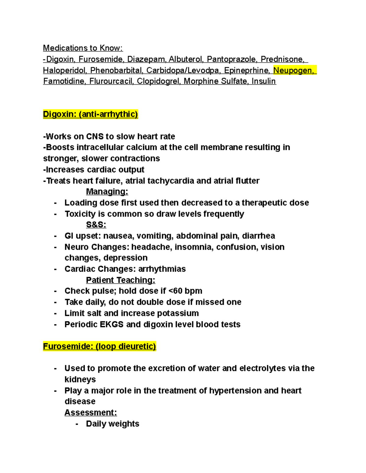 Pharm Final Exam Study Guide - Medications to Know: -Digoxin ...