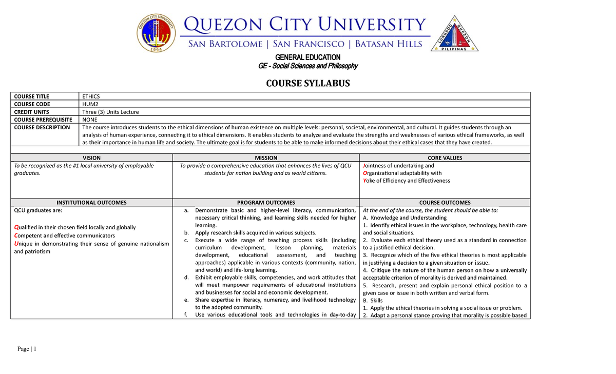 Ethics- Syllabus-2023 - GENERAL EDUCATION GE - Social Sciences and ...