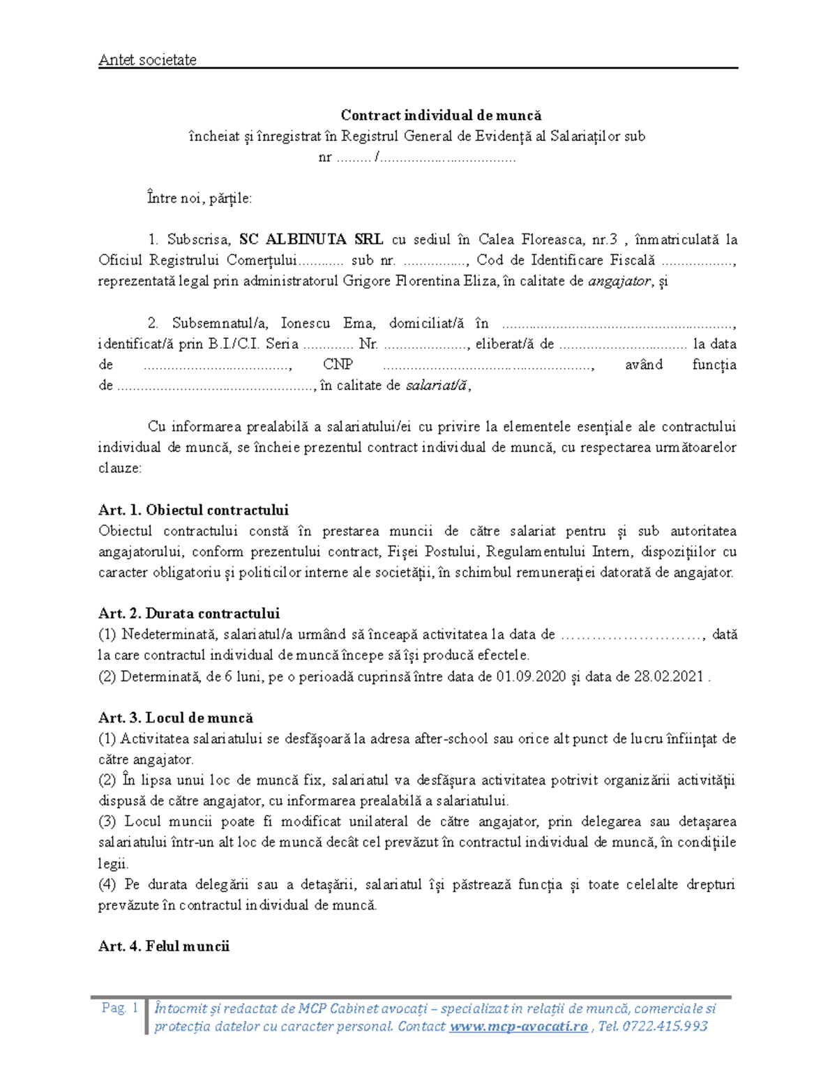 Model contract individual de munca - Contract individual de muncă ...