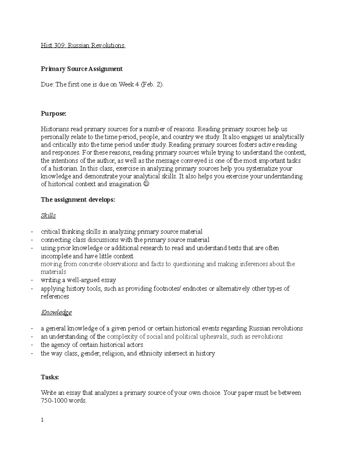Primary Sources Assignment - Hist 309: Russian Revolutions Primary Source Assignment Due: The ...