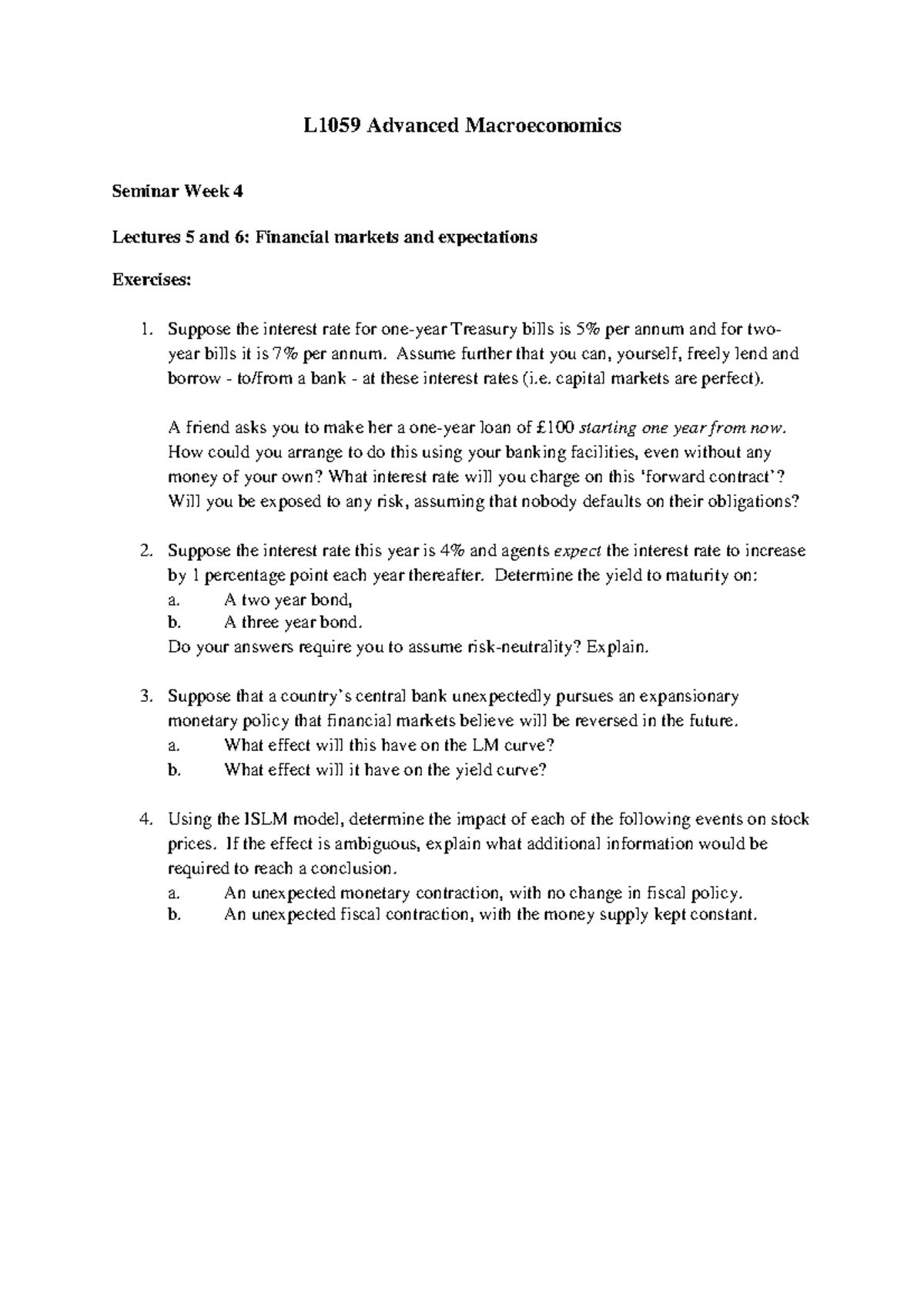 Advanced macro exercises week 4 - L1059 Advanced Macroeconomics Seminar ...