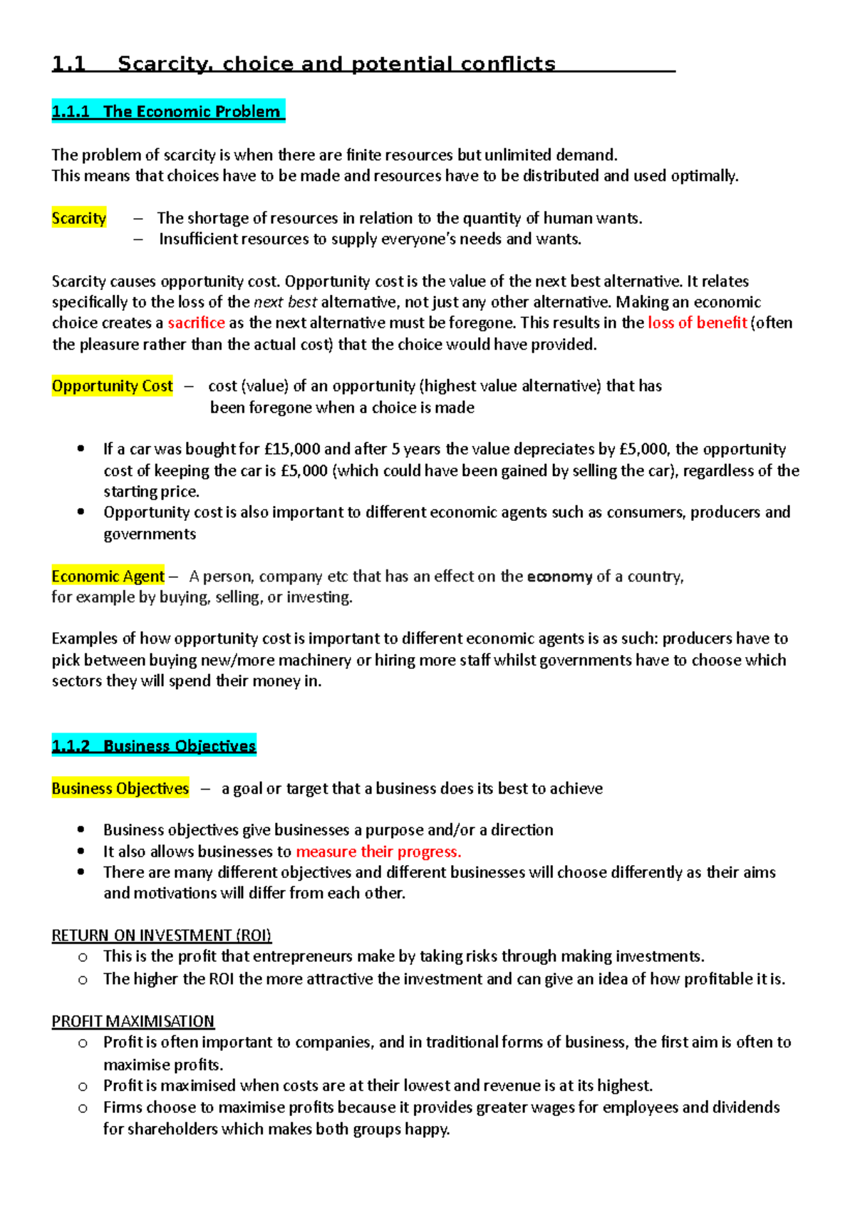 Theme 1 notes - 1 Scarcity, choice and potential conflicts 1.1 The ...