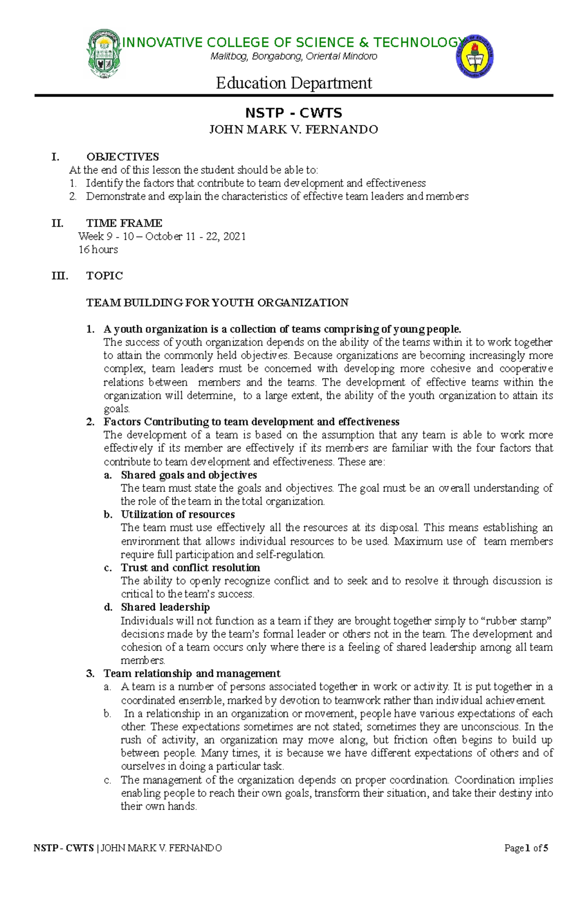 Introduction to Computing week - INNOVATIVE COLLEGE OF SCIENCE ...