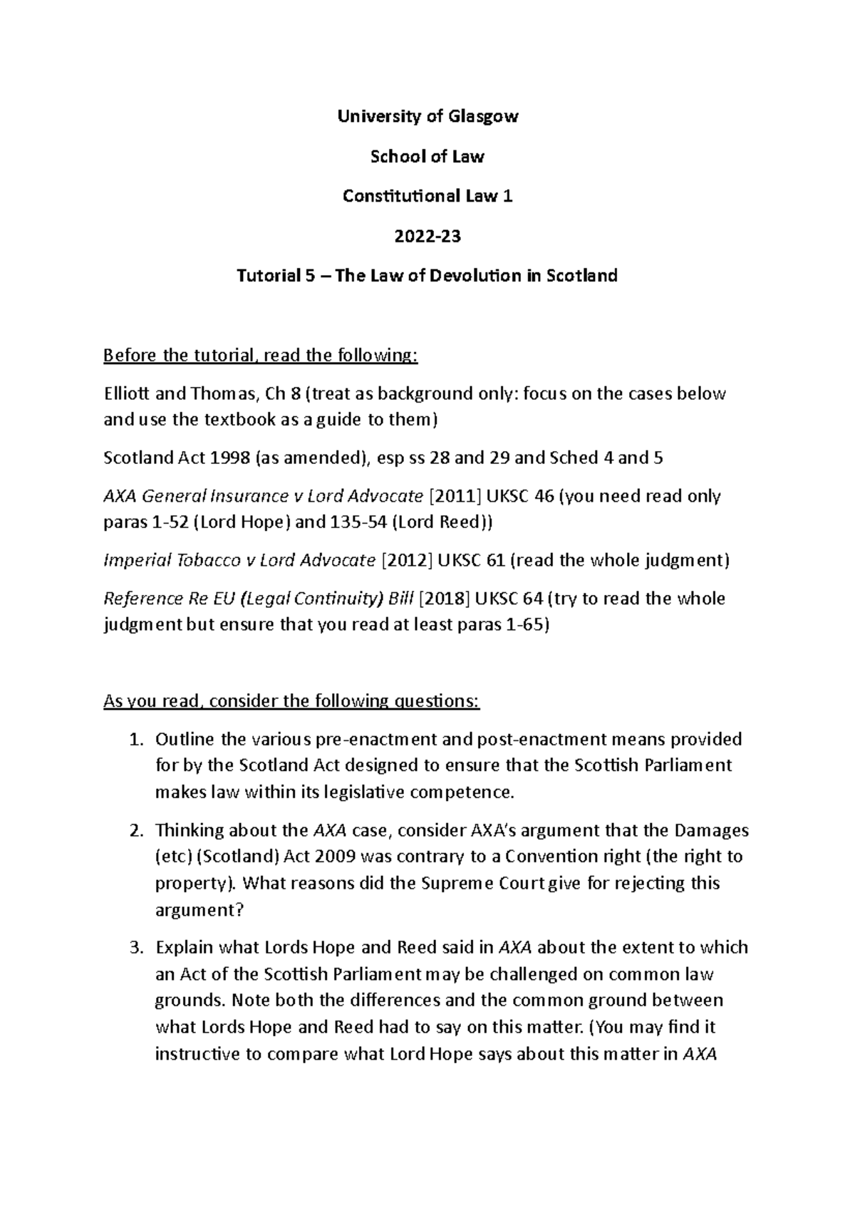 Con Law 1 2022 Tutorial 5 - University of Glasgow School of Law Constitutional Law 1 2022 ...