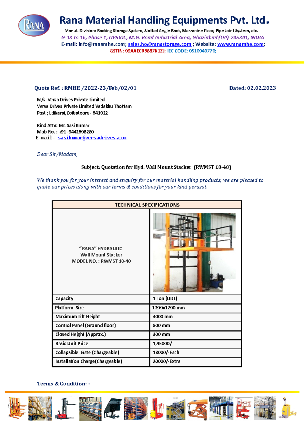 RANA MHE - Quote - Versa Drives -Wall Mount Stacker - Manuf. Division ...