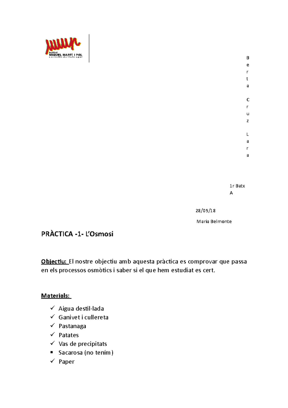 Berta Cruz Lara PRÃ Ctica Osmosi - B e r t a C r u z L a r a 1r Batx A ...