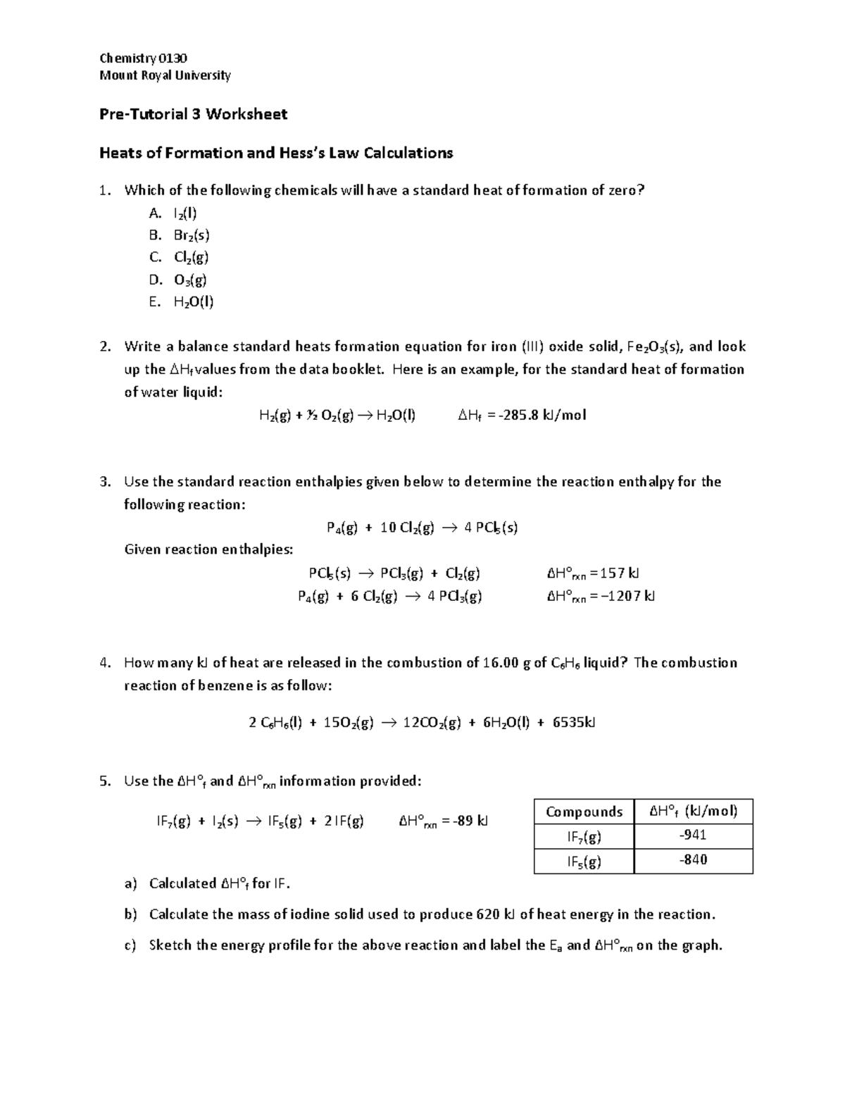 Pre-Tutorial 3 Worksheet - Chemistry 0130 Mount Royal University Pre-Tutorial 3 Worksheet Heats ...