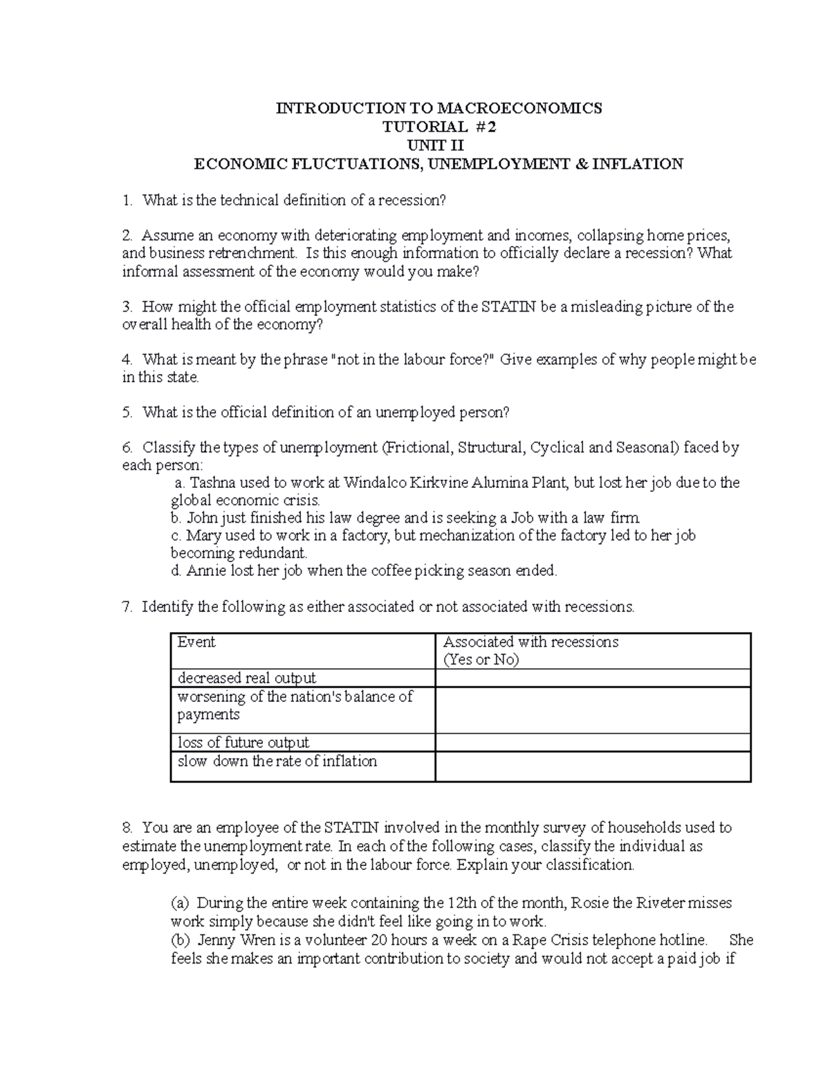 Tutorial Sheet 2 macro - unemployment and inflation - INTRODUCTION TO ...
