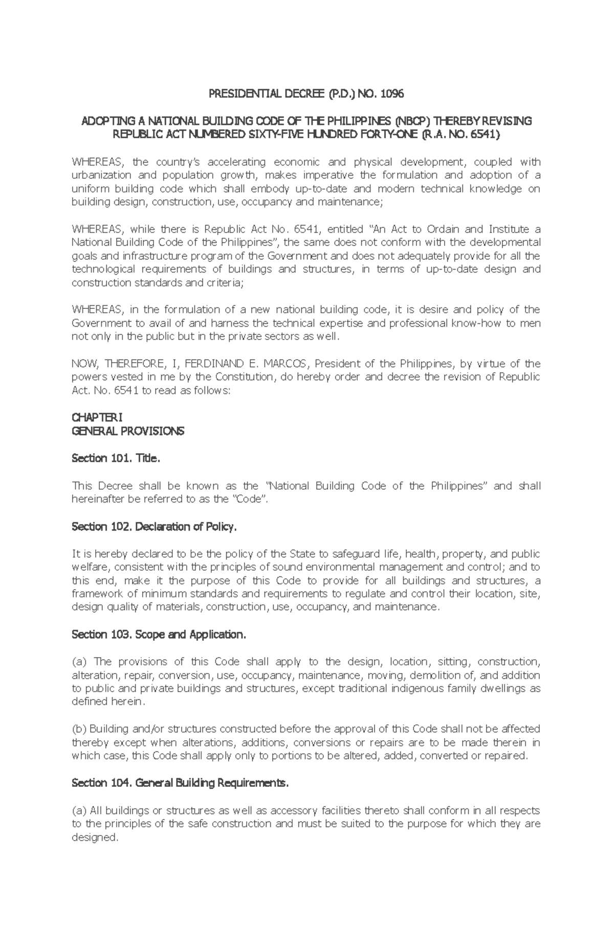 asdasdasdaaaaaasdsadasd - PRESIDENTIAL DECREE (P.) NO. 1096 ADOPTING A ...