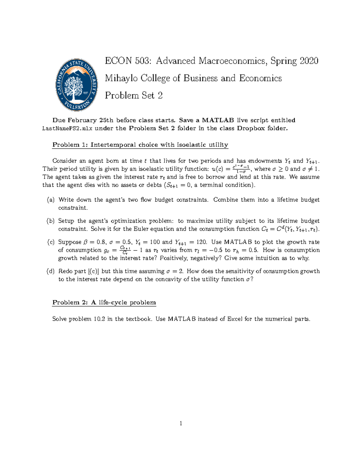 503 Spring 2020 PS2 and solutions - ECON 503: Advanced Macroeconomics ...