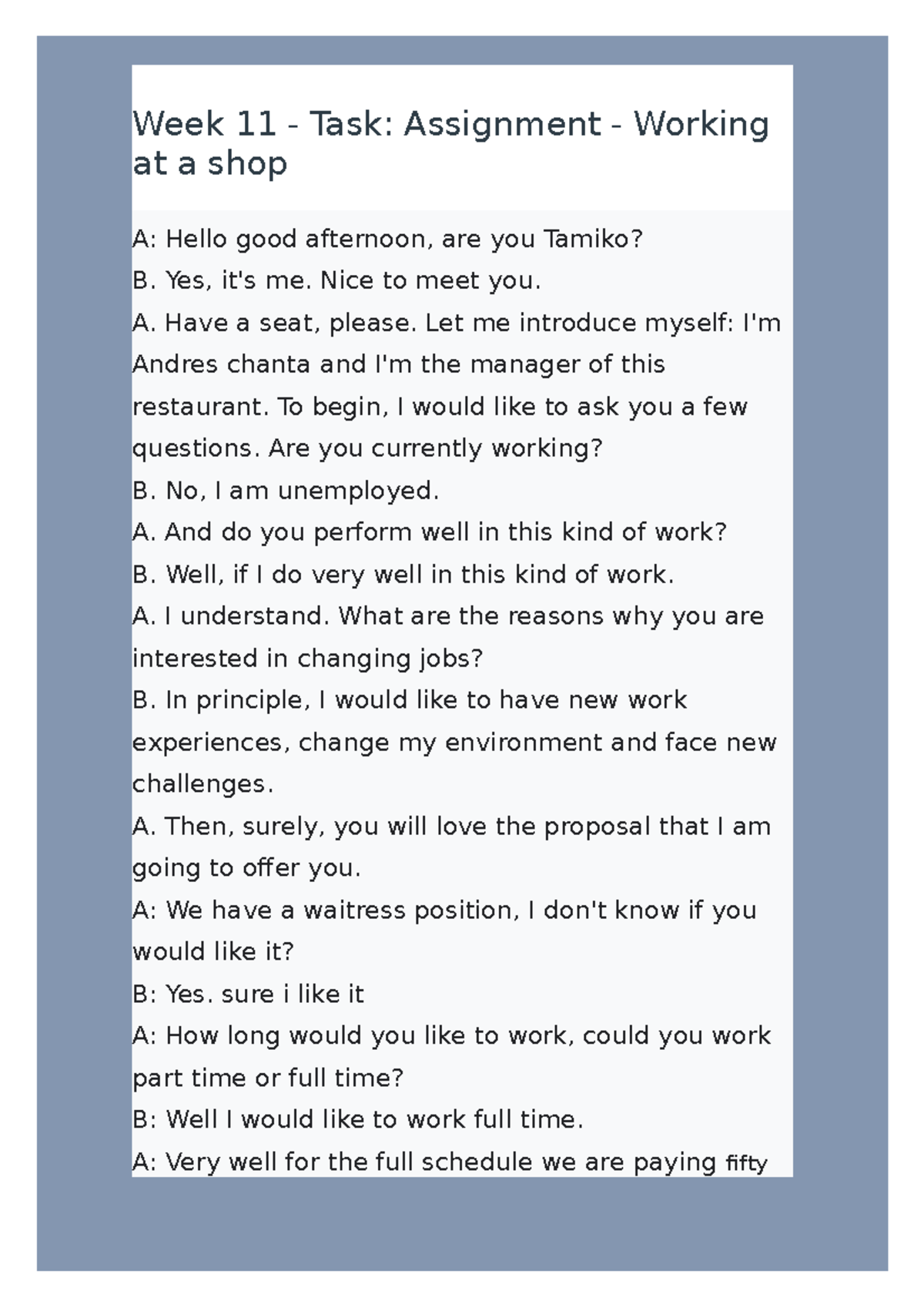 Week 11 - week 11 - Week 11 - Task: Assignment - Working at a shop A ...