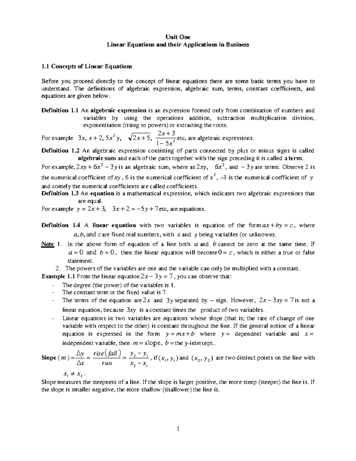 Maths for Mgmt Lecture note(1) - U Unniitt OOnnee L Liinneeaarr ...