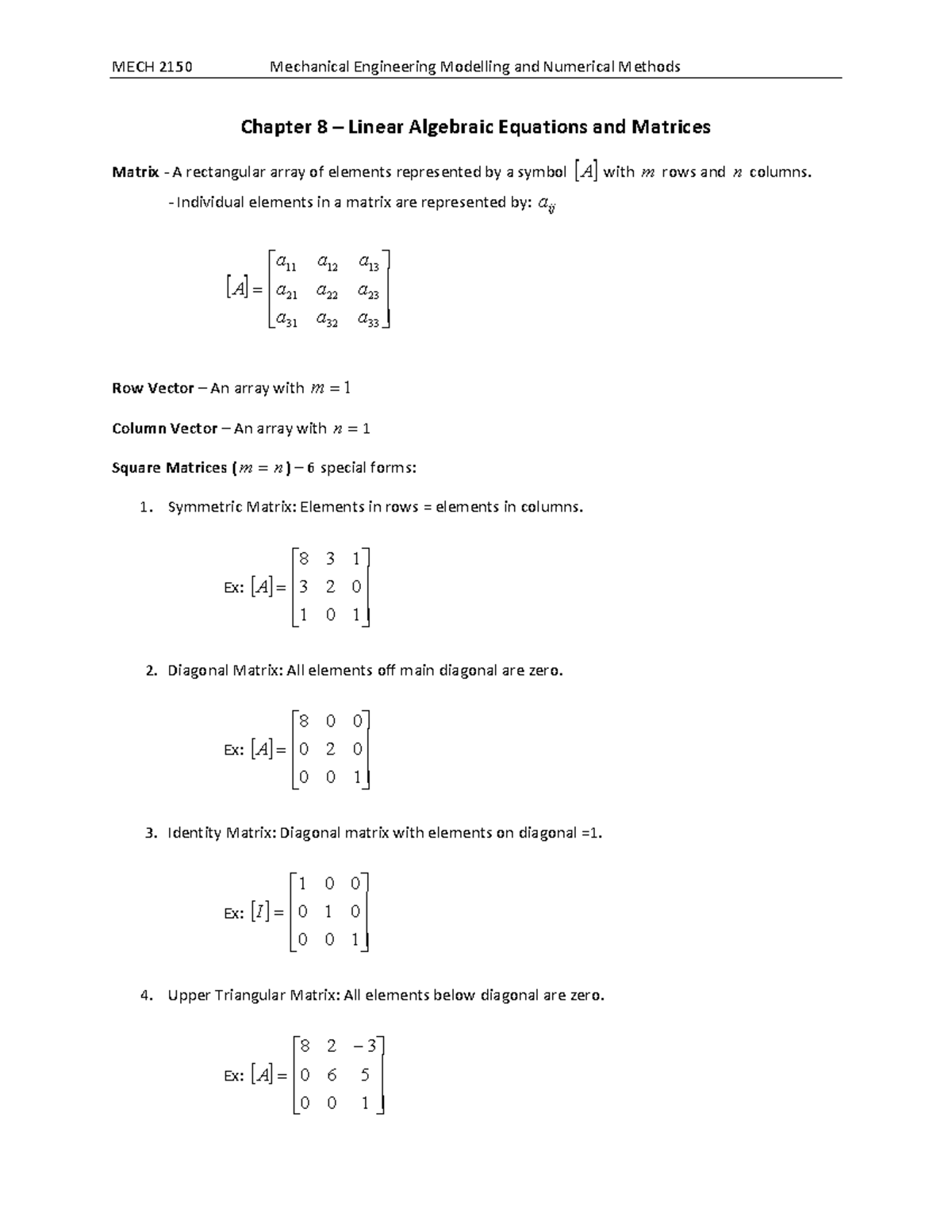 Chapter 8 - Notes - Chapter 8 – Linear Algebraic Equations and Matrices ...