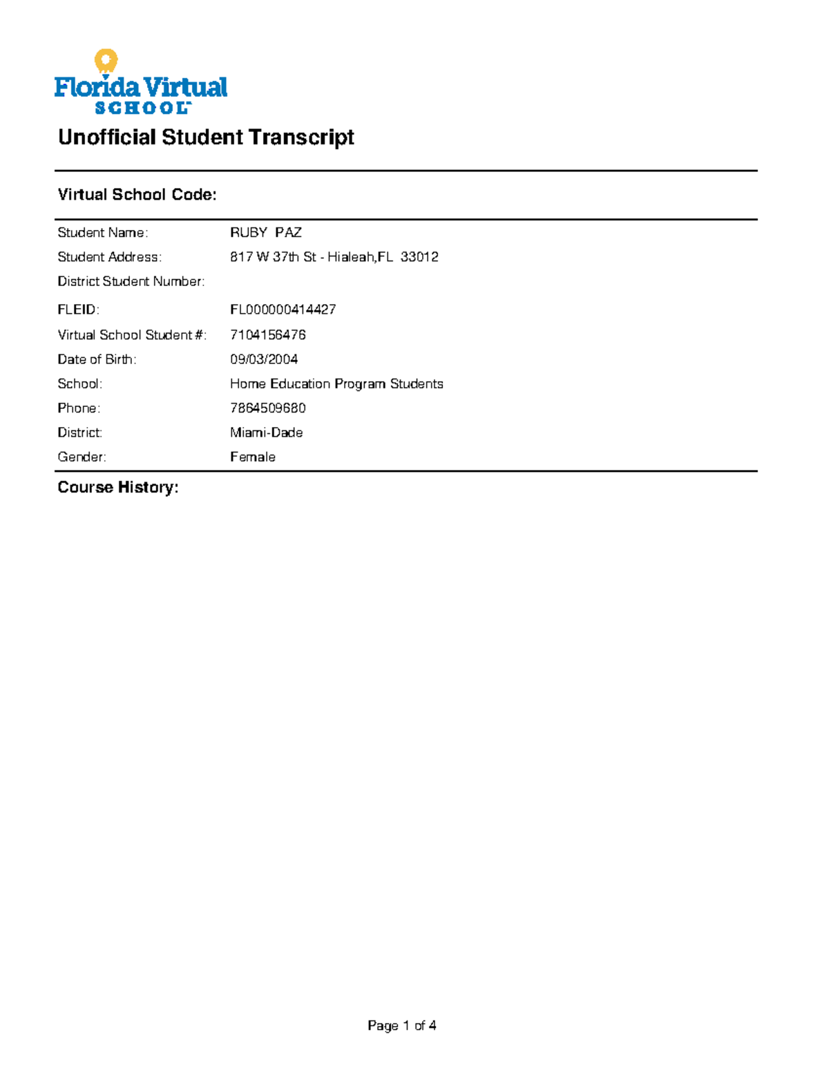 Unofficial Transcript - Student Name: Student Address: 817 W 37th St ...