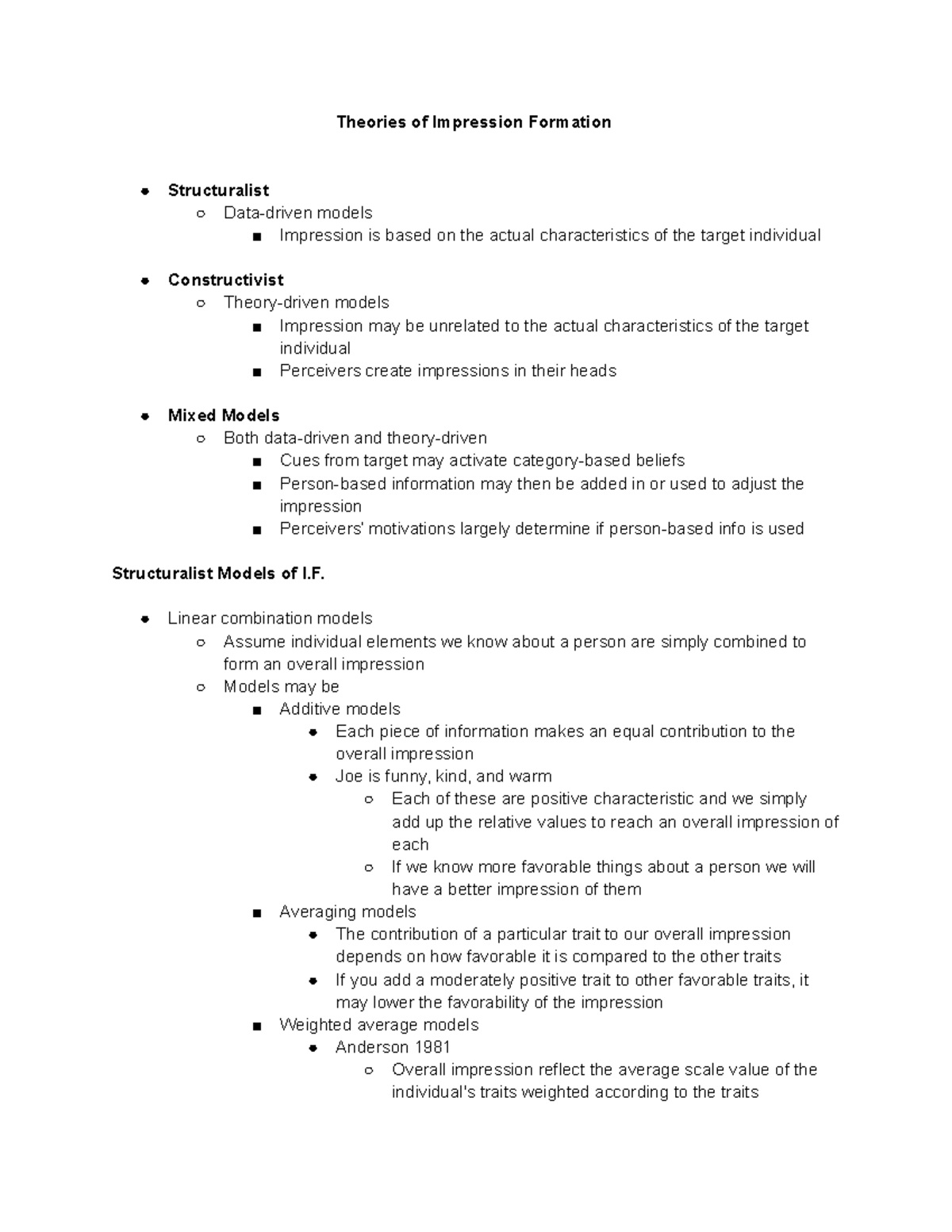 Theories of Impression Formation - Linear combination models Assume ...