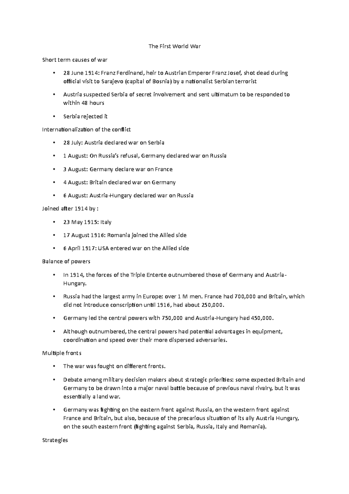 The First World War - Lecture notes 5 - The First World War Short term ...