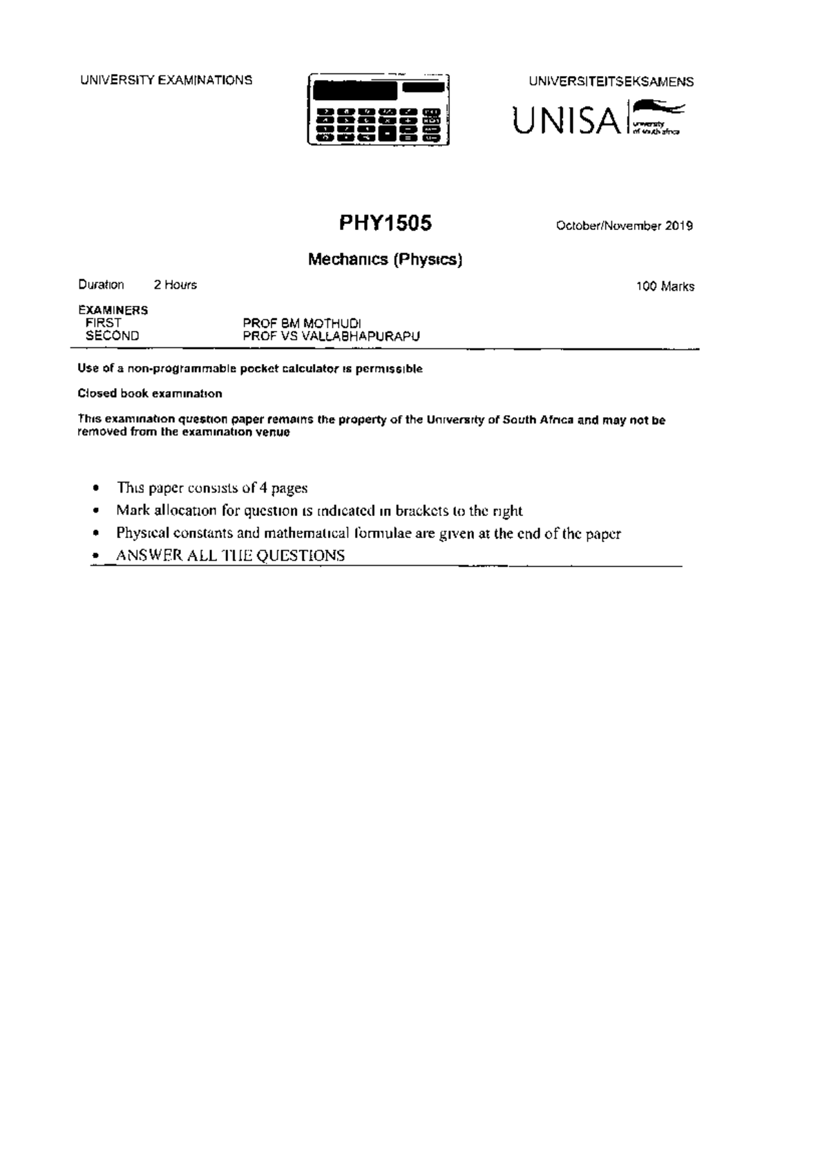 Exam 2019 - PHY1505 - Studocu