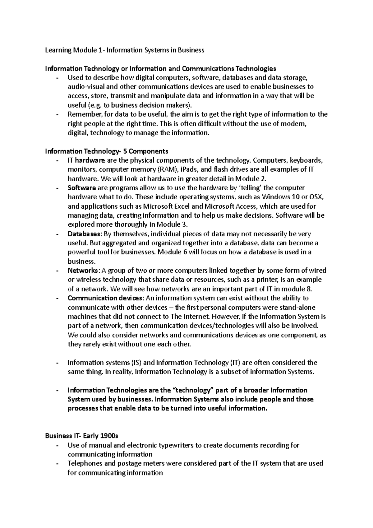 Learning Modules 1-4 Notes - Learning Module 1- Information Systems in ...
