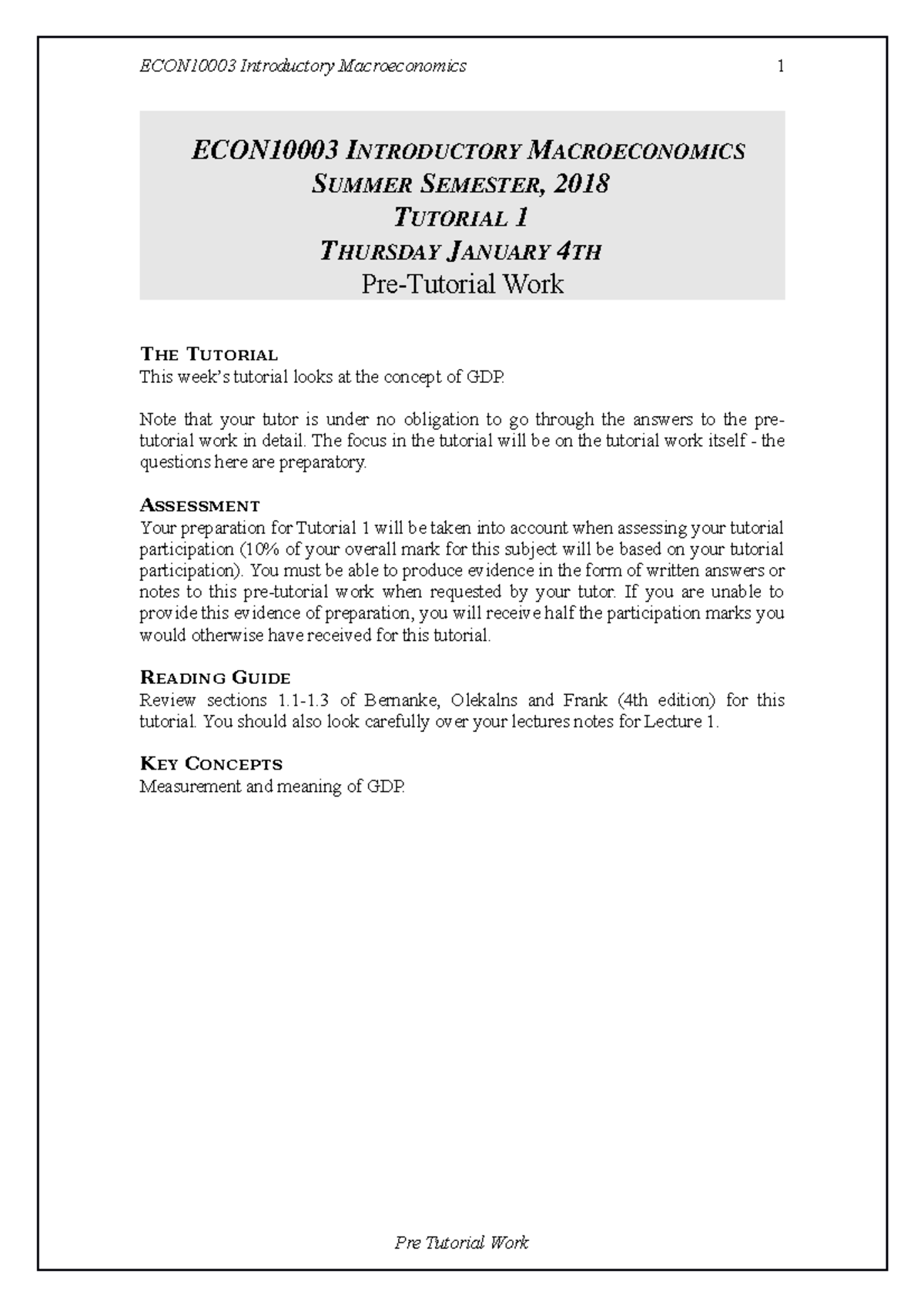T1 Pretutorial Sum 2018 (1) - ECON10003 Introductory Macroeconomics 1 ECON10003 INTRODUCTORY ...