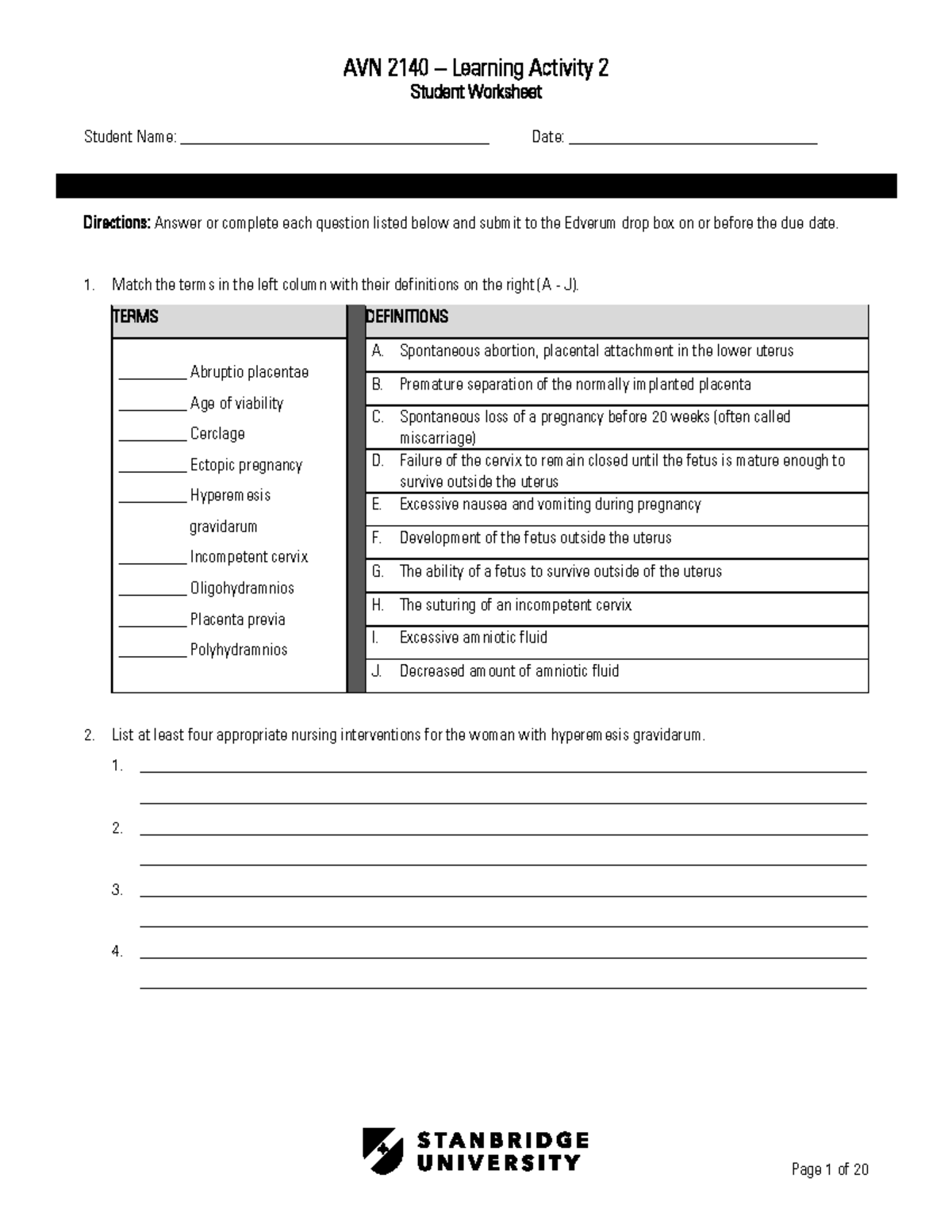AVN 2140 Learning Activity 2 [Student Worksheet] 2023 - Student Name ...