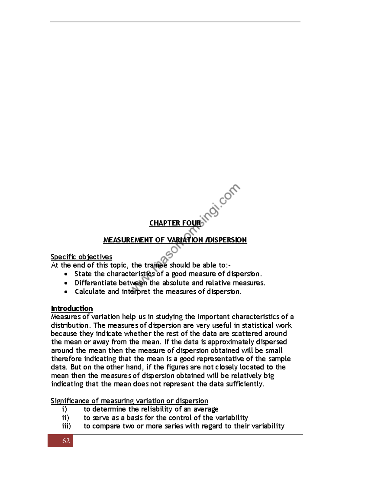 Measurement OF Variation Dispersion - CHAPTER FOUR MEASUREMENT OF VARIATION /DISPERSION Specific ...