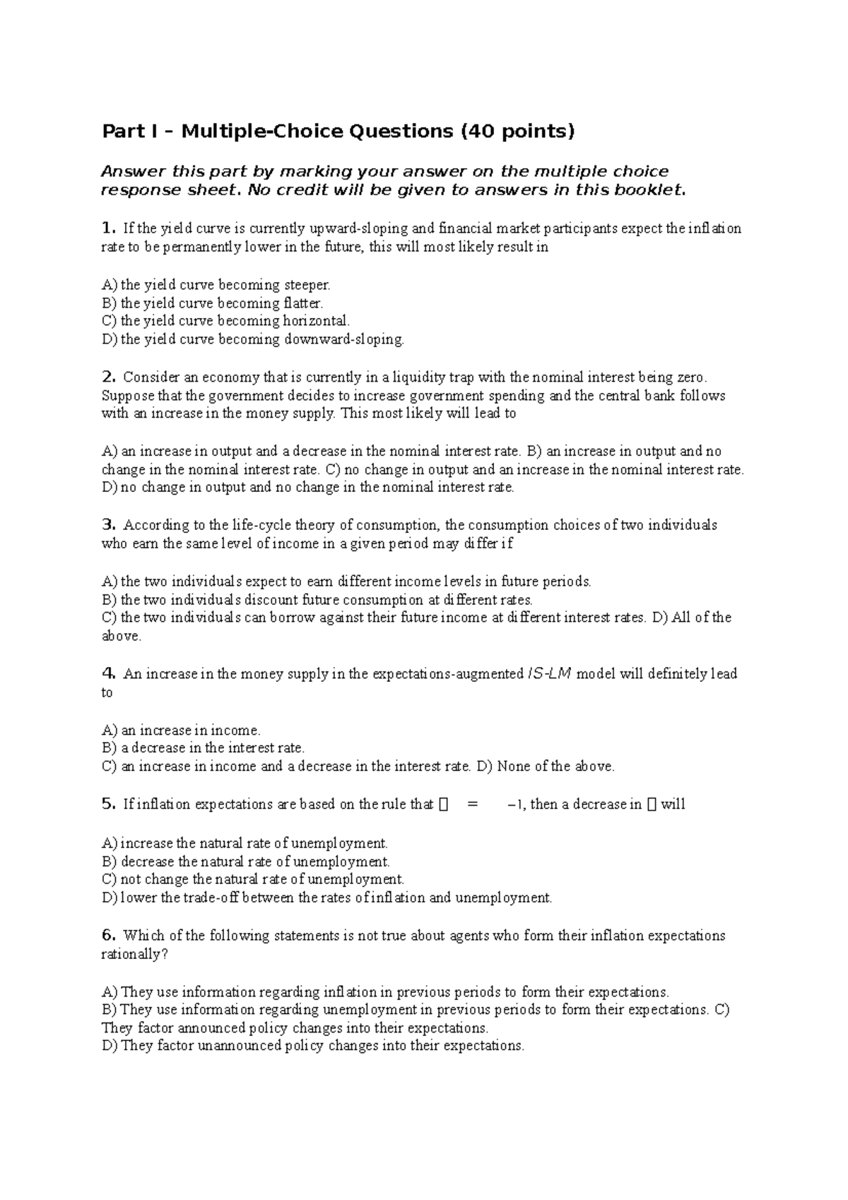 Monetary macroeconomics multiple choice - Part I – Multiple-Choice ...