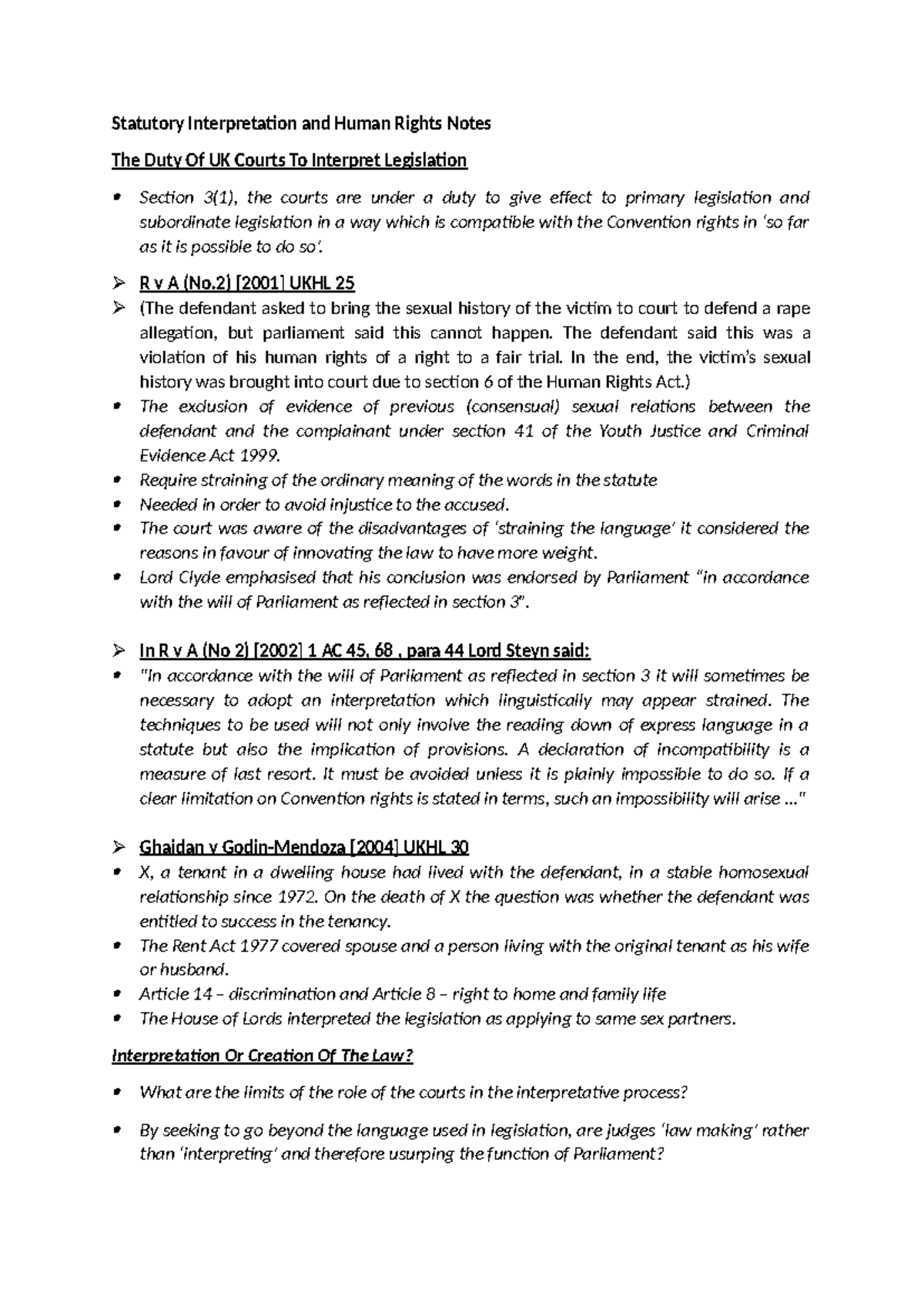Statutory Interpretation and Human Rights Notes - R v A (No) [2001 ...