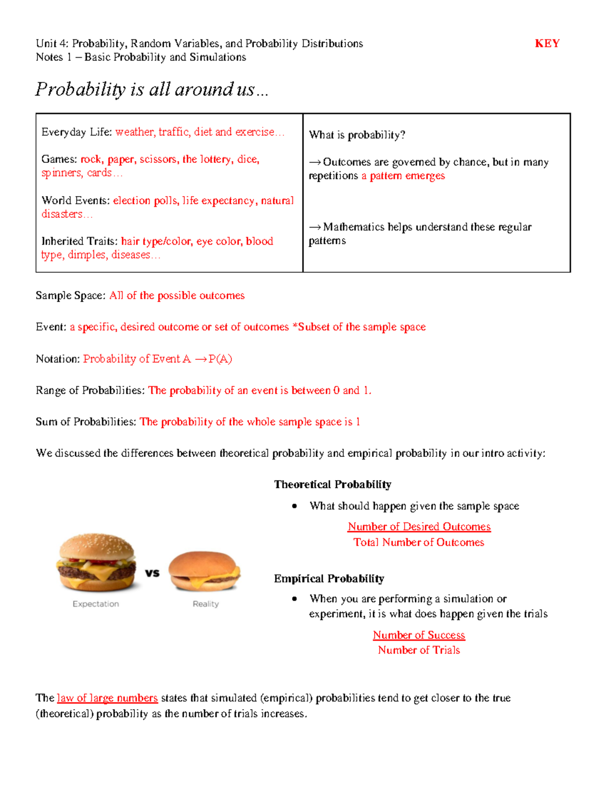 Notes 1 KEY - Unit 4: Probability, Random Variables, and Probability ...