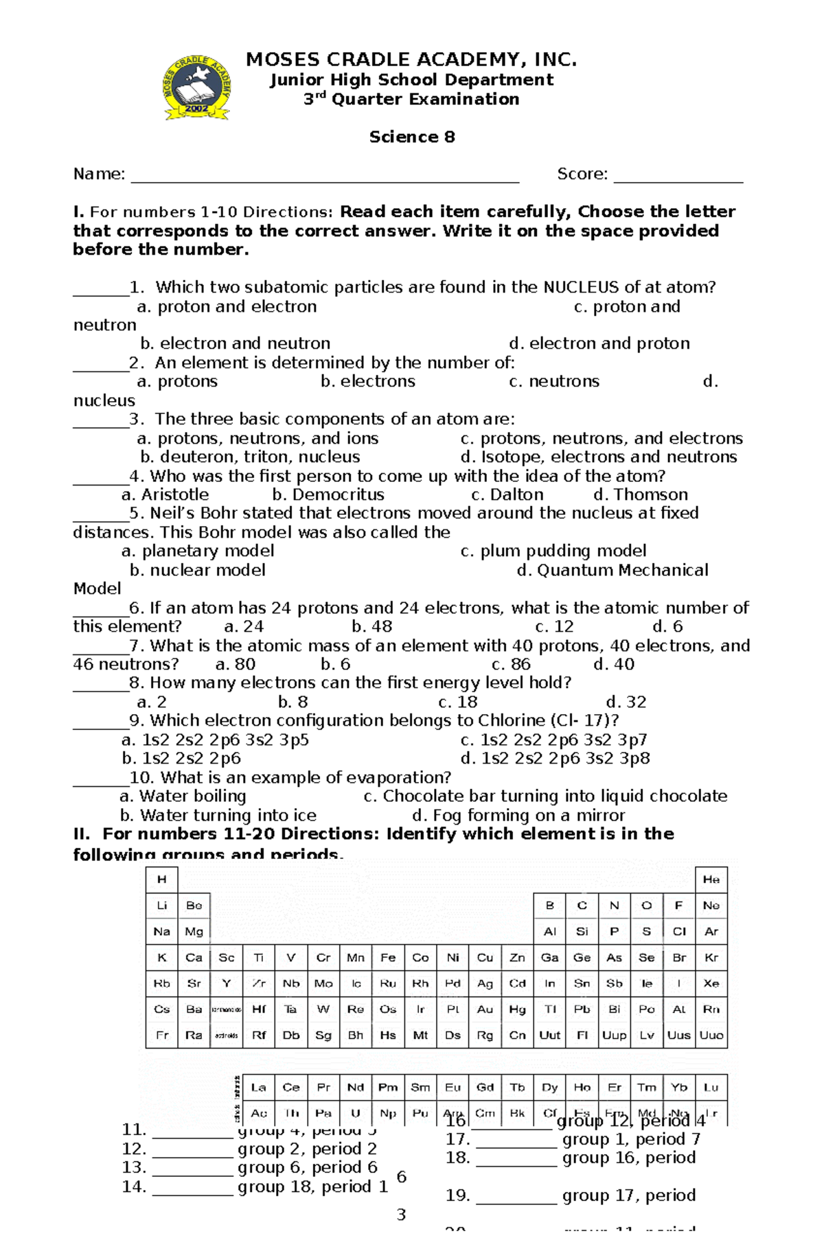 PT Science 8 Q3 - exam - MOSES CRADLE ACADEMY, INC. Junior High School ...