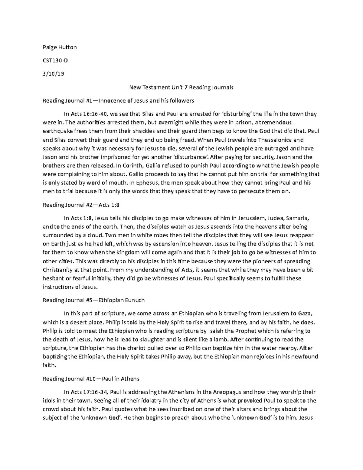 New Testament Unit 7 Reading Journals - Paige Hutton CST130-D 3/10/ New ...