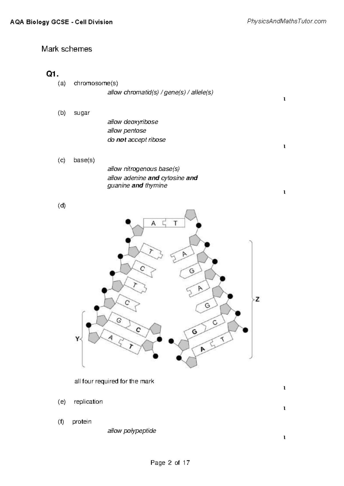 1.2 Cell Division MS - ….. - Mark schemes Q1. (a) chromosome(s) allow ...