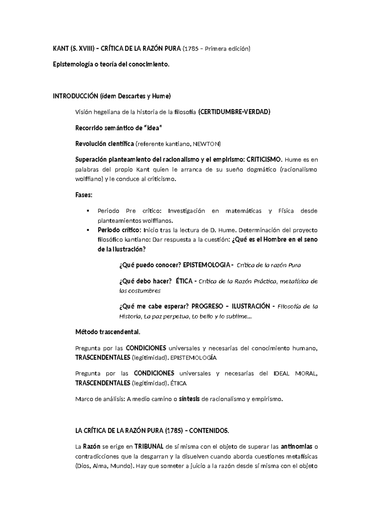 02 KANT Epistemologia Etica 1 - KANT (S. XVIII) – CRÍTICA DE LA RAZÓN ...
