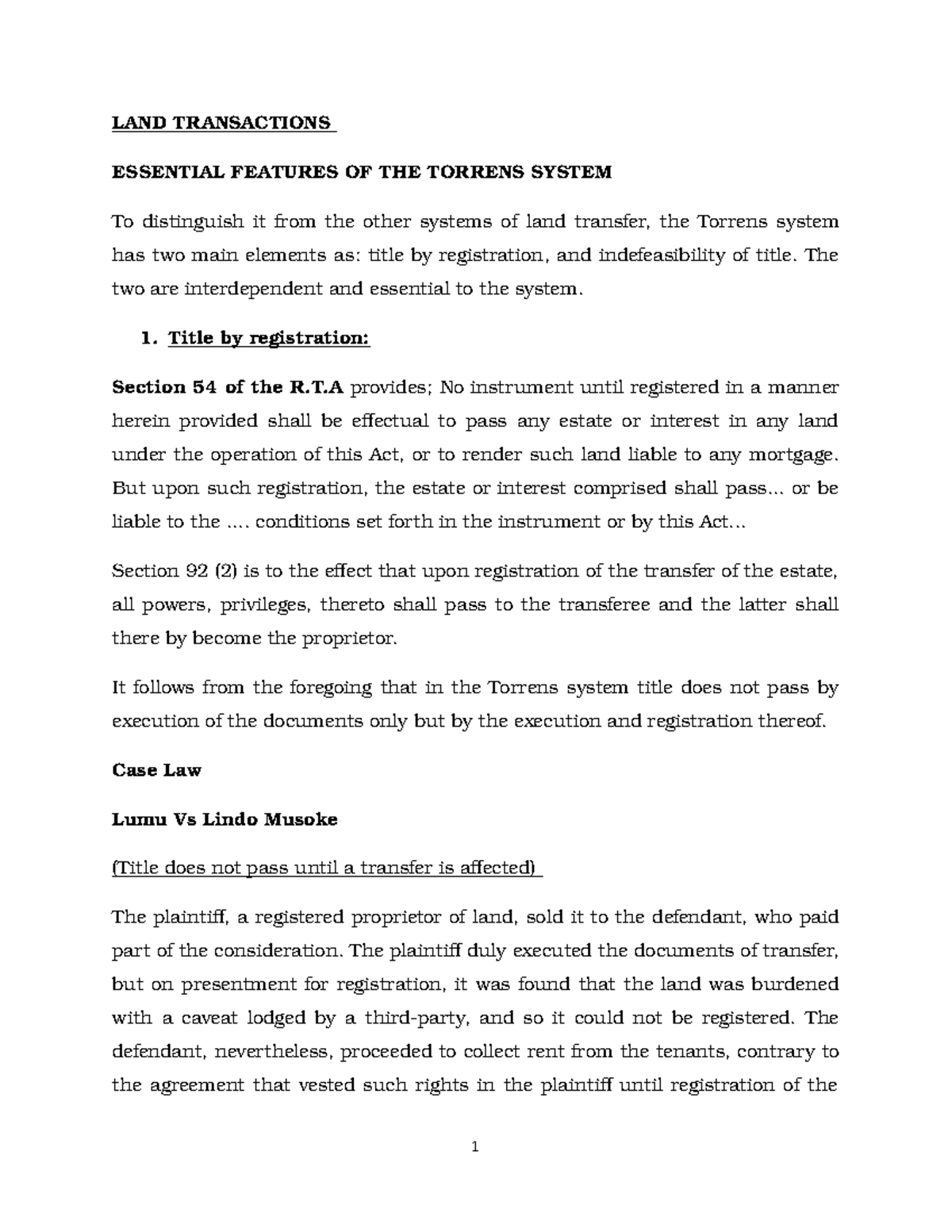 Lecture notes on Torrens system and mortgages - LAND TRANSACTIONS ...