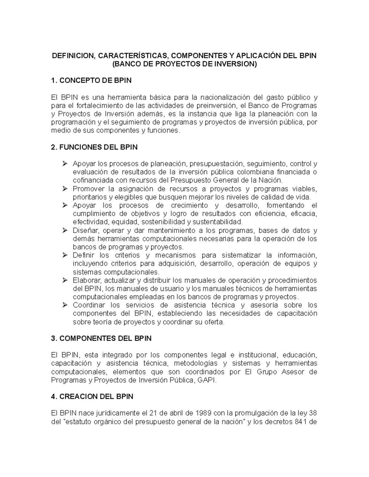 Creacion Y Funcionamiento DEL BPIN - DEFINICION, CARACTERÍSTICAS ...