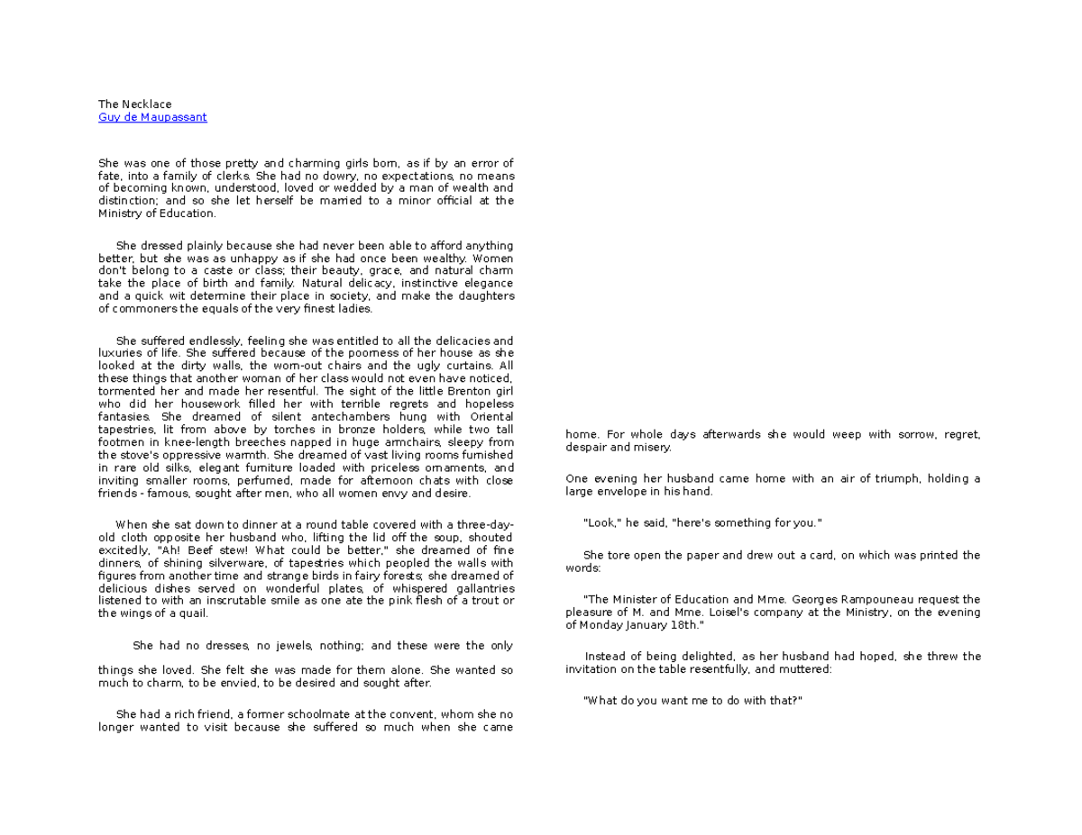 The Necklace by Guy de Maupassant - The Necklace Guy de Maupassant She ...