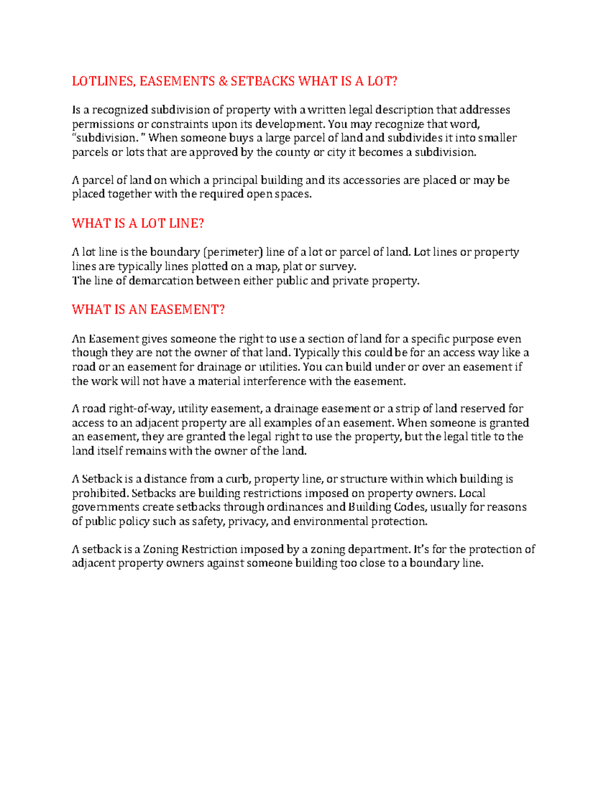 Lotlines, Easements AND Setbacks - LOTLINES, EASEMENTS & SETBACKS WHAT ...
