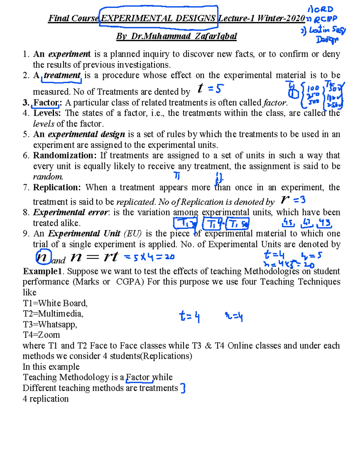 1 CRD Lecture Stat-701 - ####### Final Course EXPERIMENTAL DESIGNS ...