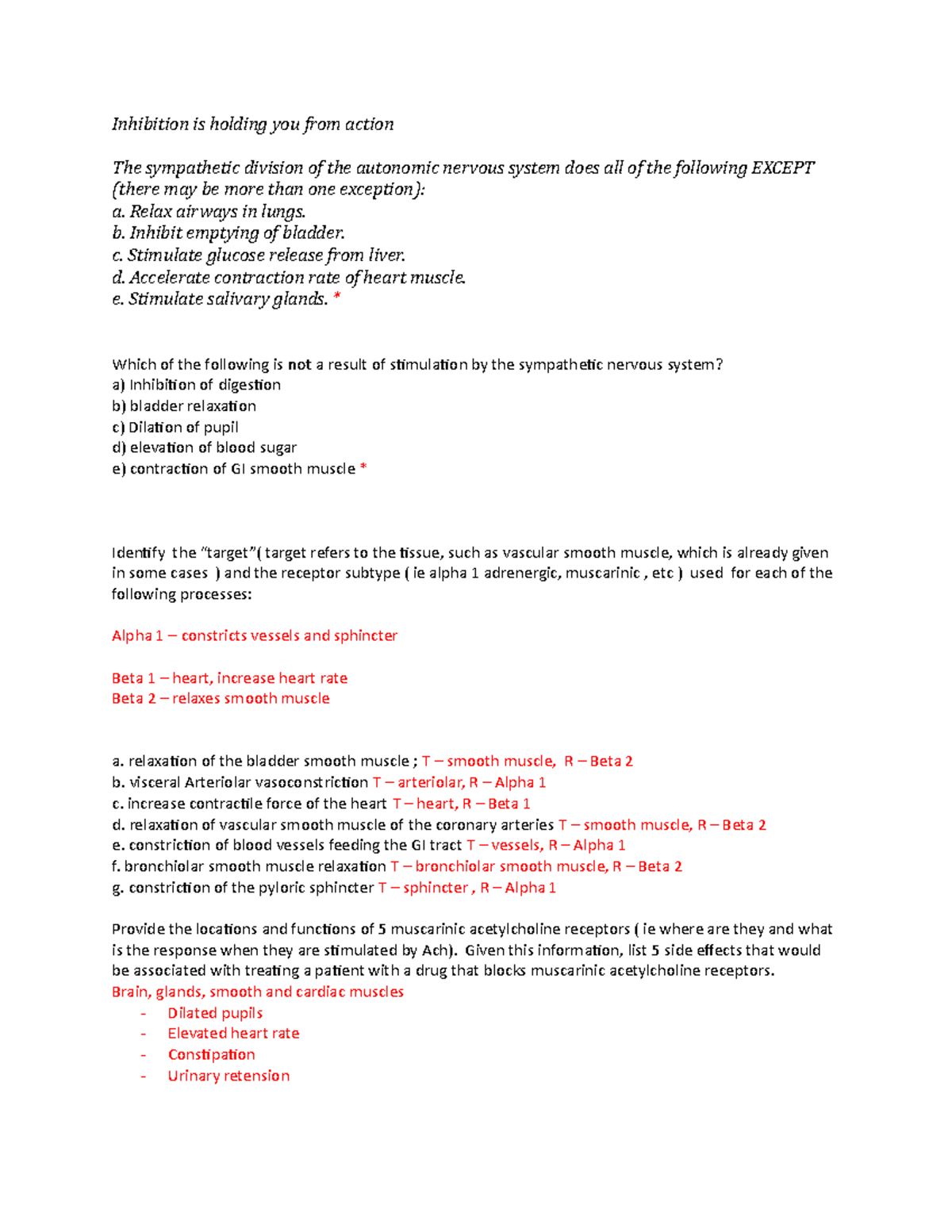 Worksheet - ANS1-1 - autonomic nervous system notes - Inhibition is ...