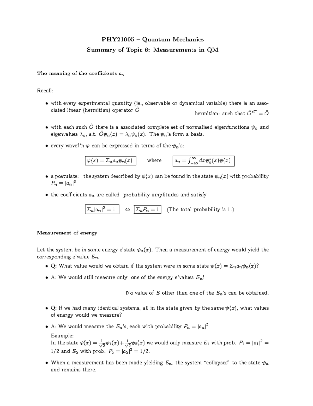 Phy250 summary topic 6 - PHY21005 – Quantum Mechanics Summary of Topic ...
