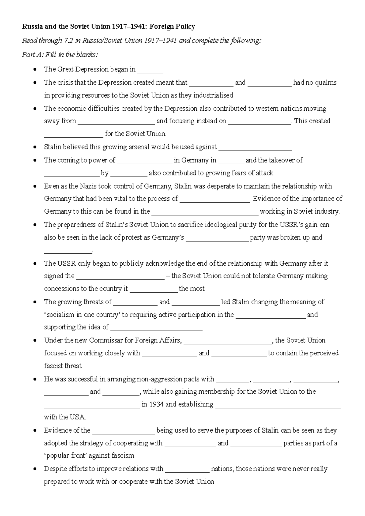 Foreign Policy activity worksheet - Russia and the Soviet Union 1917 ...