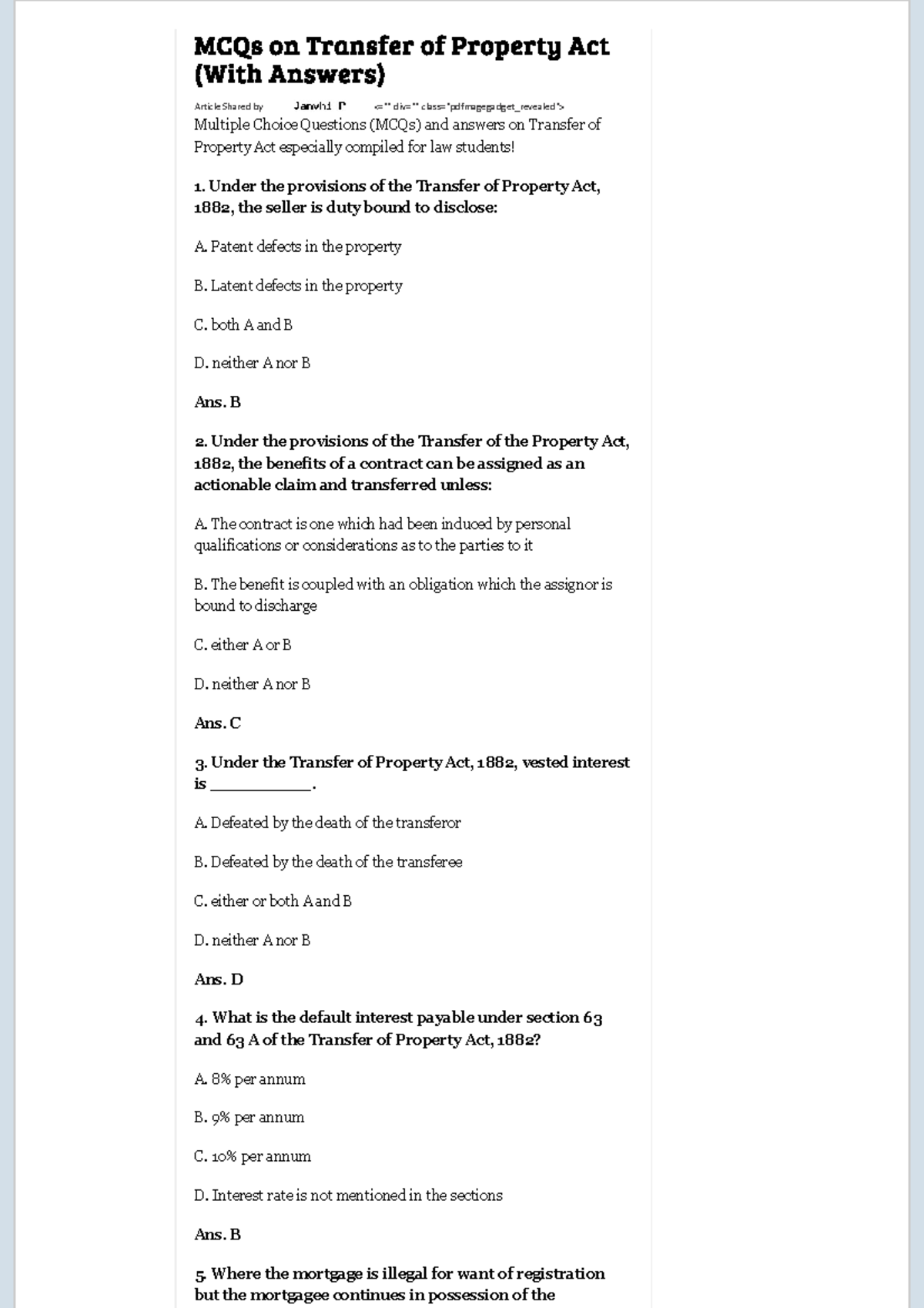 Mcqs on transfer of property act (with answers) - MCQs on Transfer of Property Act (With Answers ...