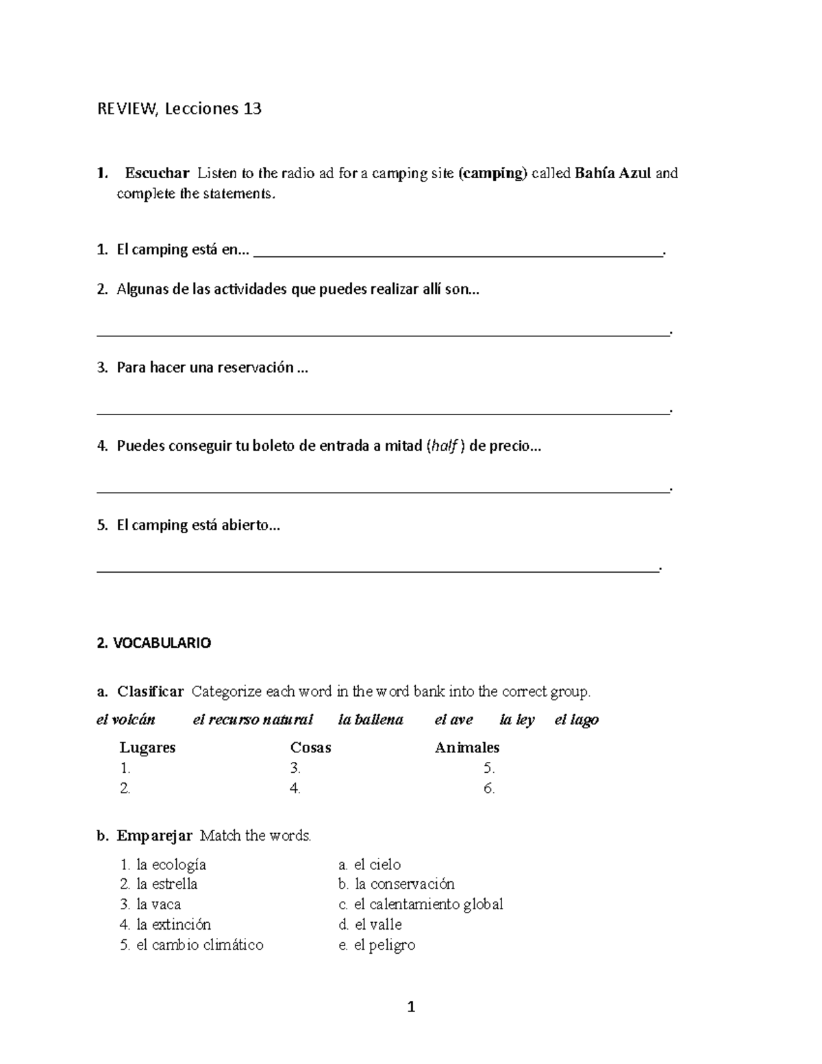 Exam 3 Span 201 Review - Practice for exam - REVIEW, Lecciones 13 ...