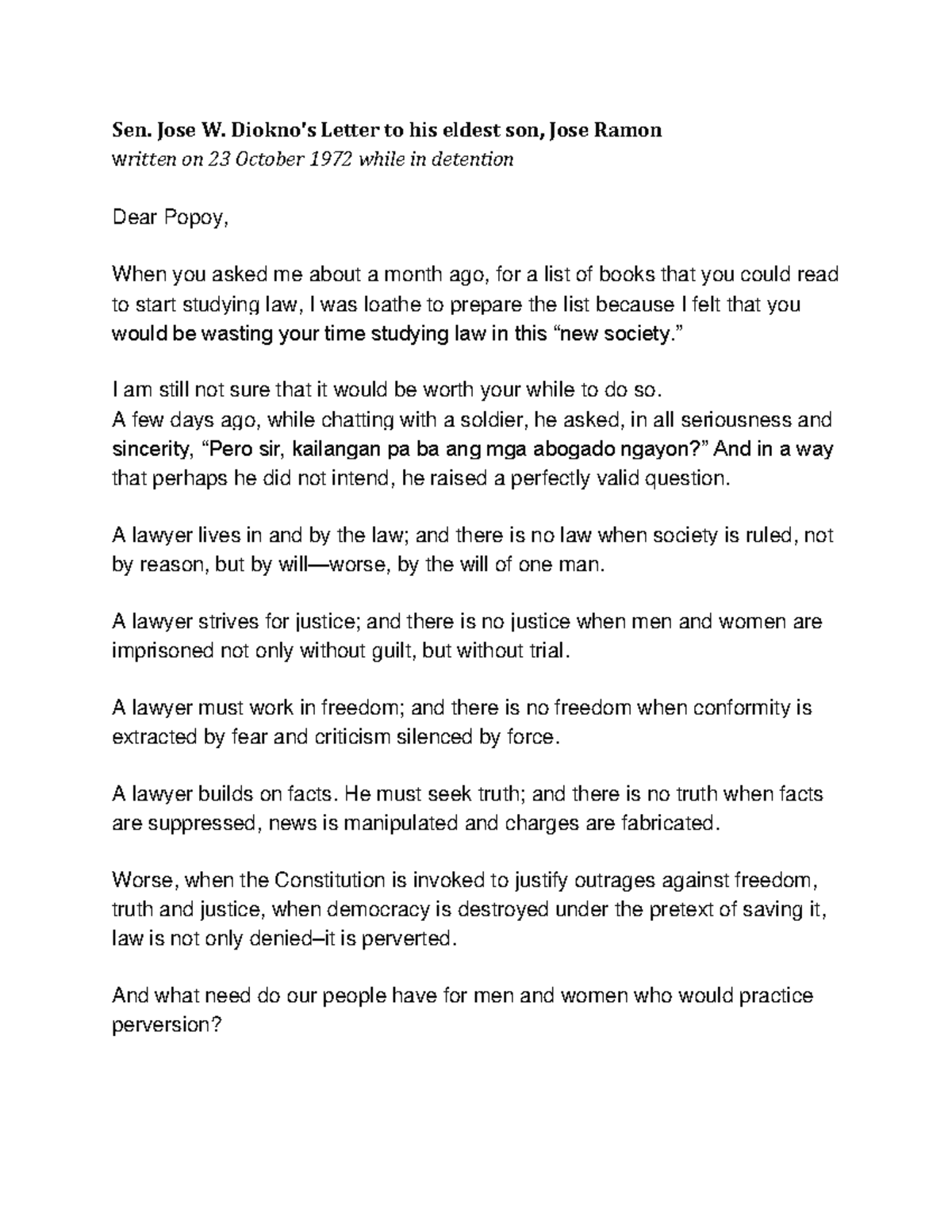 Sen. Jose W. Diokno's Letter to his eldest son Jose Ramon (23 October ...